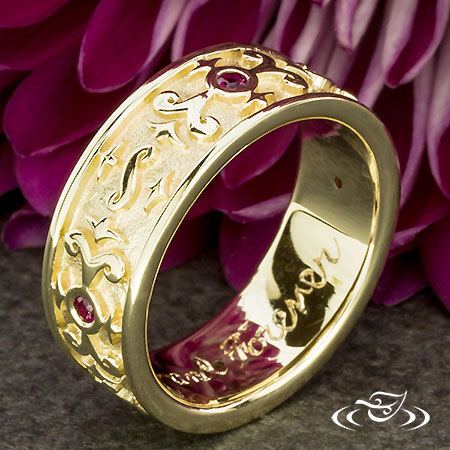 Carved Yellow Gold And Ruby Band