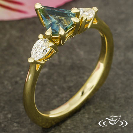 3-Stone Engagement Ring With Kite Sapphire & Pear Diamonds