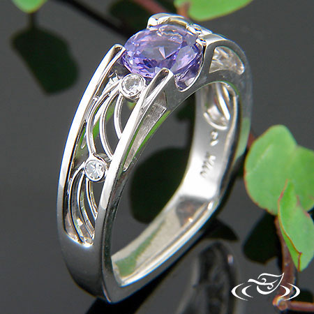 14K White Gold Tension Style Split Filigree Sapphire Ring